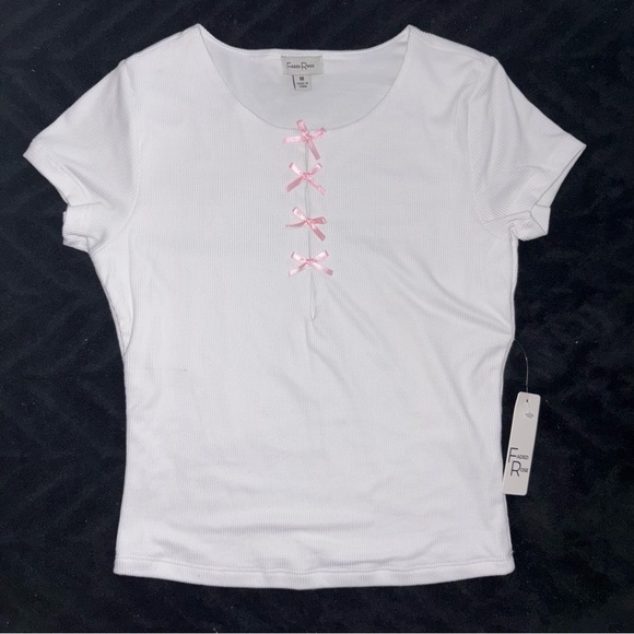 Faded Rose | Tops | Chic White Tee With Pink Ribbon Details | Poshmark